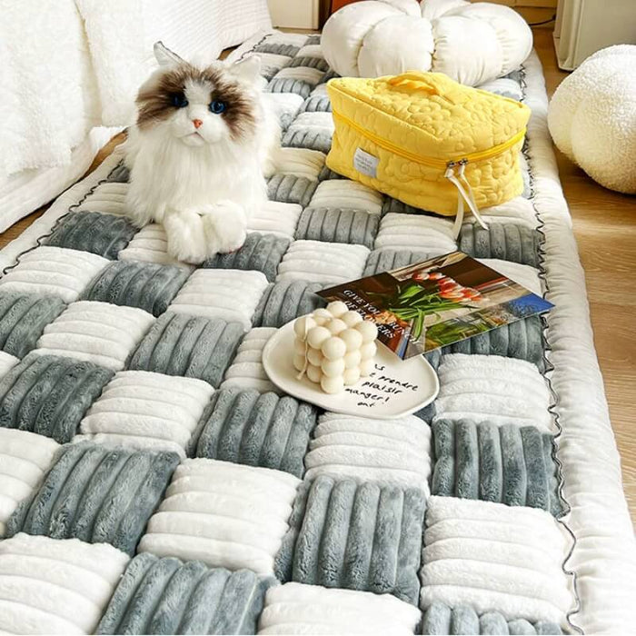 Cream-colored Large Plaid Square Fuzzy Pet Mat Bed | FunnyFuzzy
