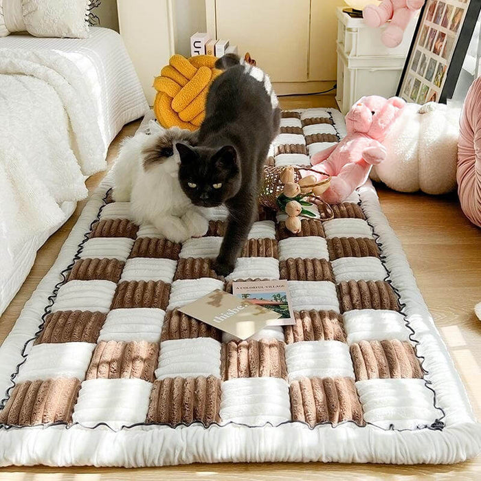 Cream-colored Large Plaid Square Fuzzy Pet Mat Bed | FunnyFuzzy