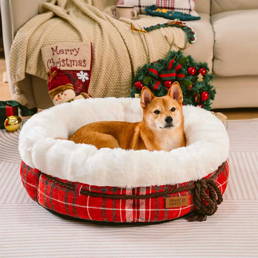Classic Jacquard Plush Donut Dog Bed - Snuggle Den - FUNNYFUZZY