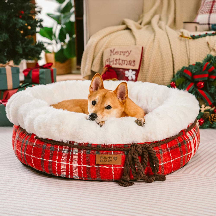 Classic Jacquard Plush Donut Dog Bed - Snuggle Den - FUNNYFUZZY