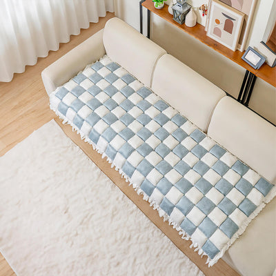 Cream-colored Large Plaid Square Fuzzy Pet Mat Bed | FunnyFuzzy