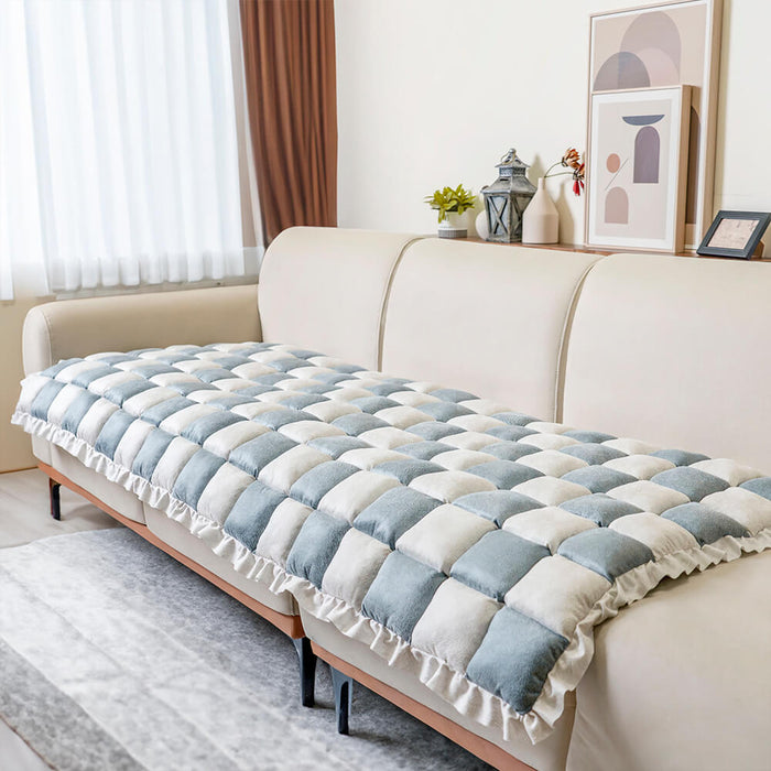 Cream-colored Large Plaid Square Fuzzy Pet Mat Bed | FunnyFuzzy
