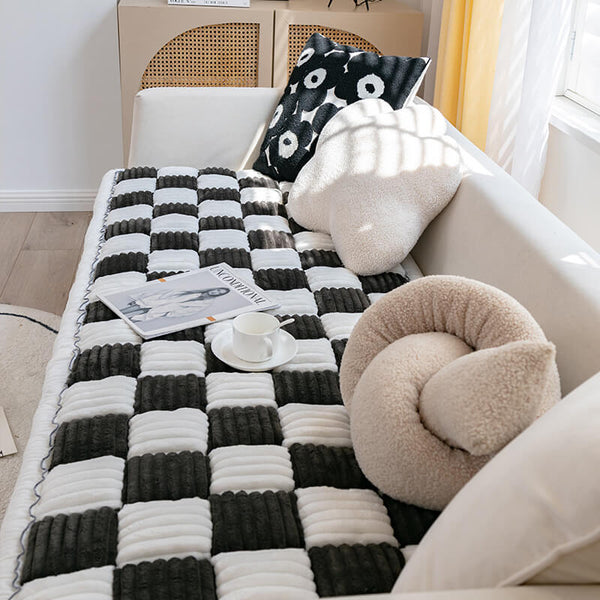 Cream-colored Large Plaid Square Fuzzy Pet Mat Bed | FunnyFuzzy