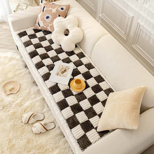 Cream-colored Large Plaid Square Fuzzy Pet Mat Bed | FunnyFuzzy