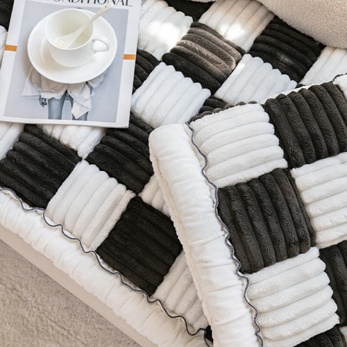 Cream-colored Large Plaid Square Fuzzy Pet Mat Bed | FunnyFuzzy