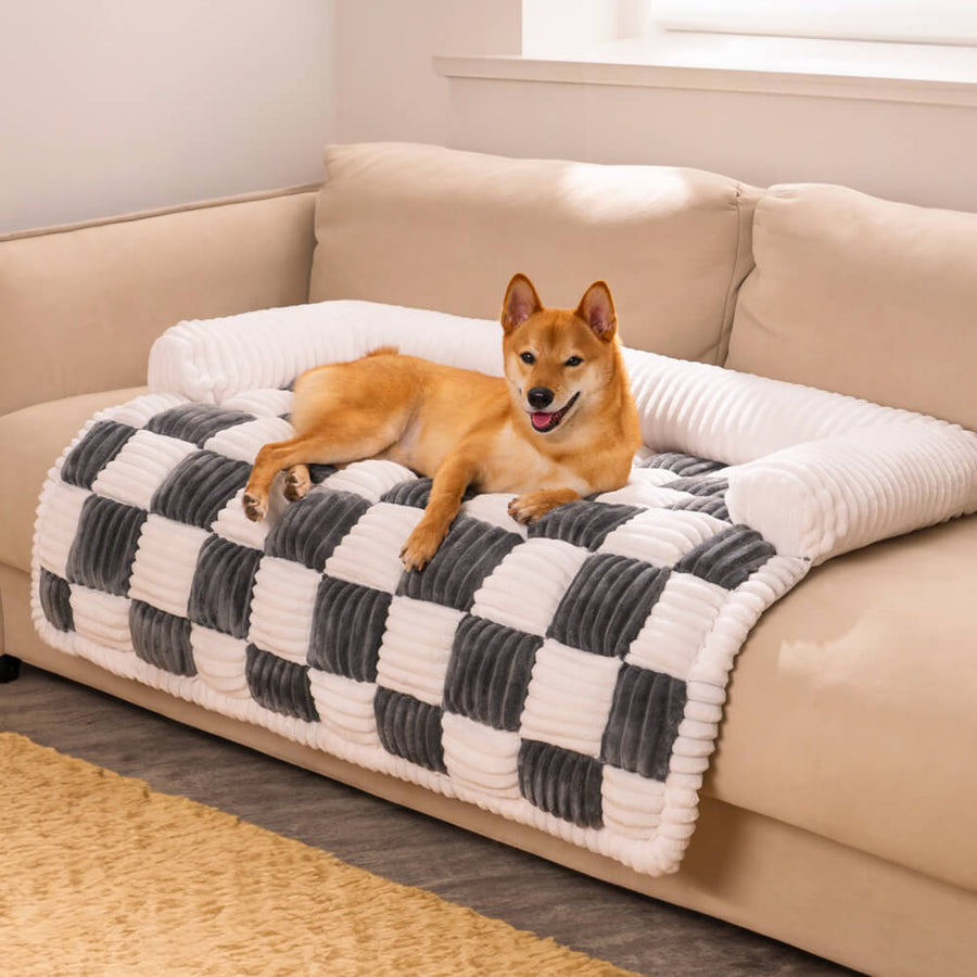 Cream Plaid Dog Mat & Furniture Protector | Cozy & Stylish - FunnyFuzzy