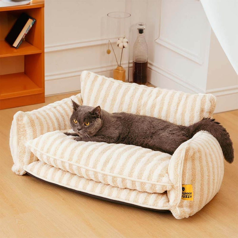 Trendy Striped Faux Lambswool Double Layer Cat Couch Sofa Bed - FunnyFuzzy