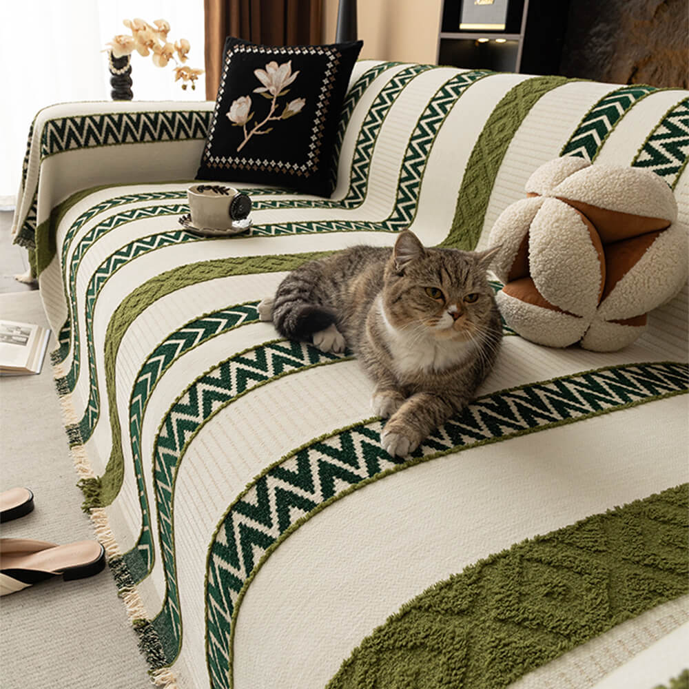 Venus Striped Geometric Chenille Full-Cover Throw Couch Cover - FUNNYFUZZY