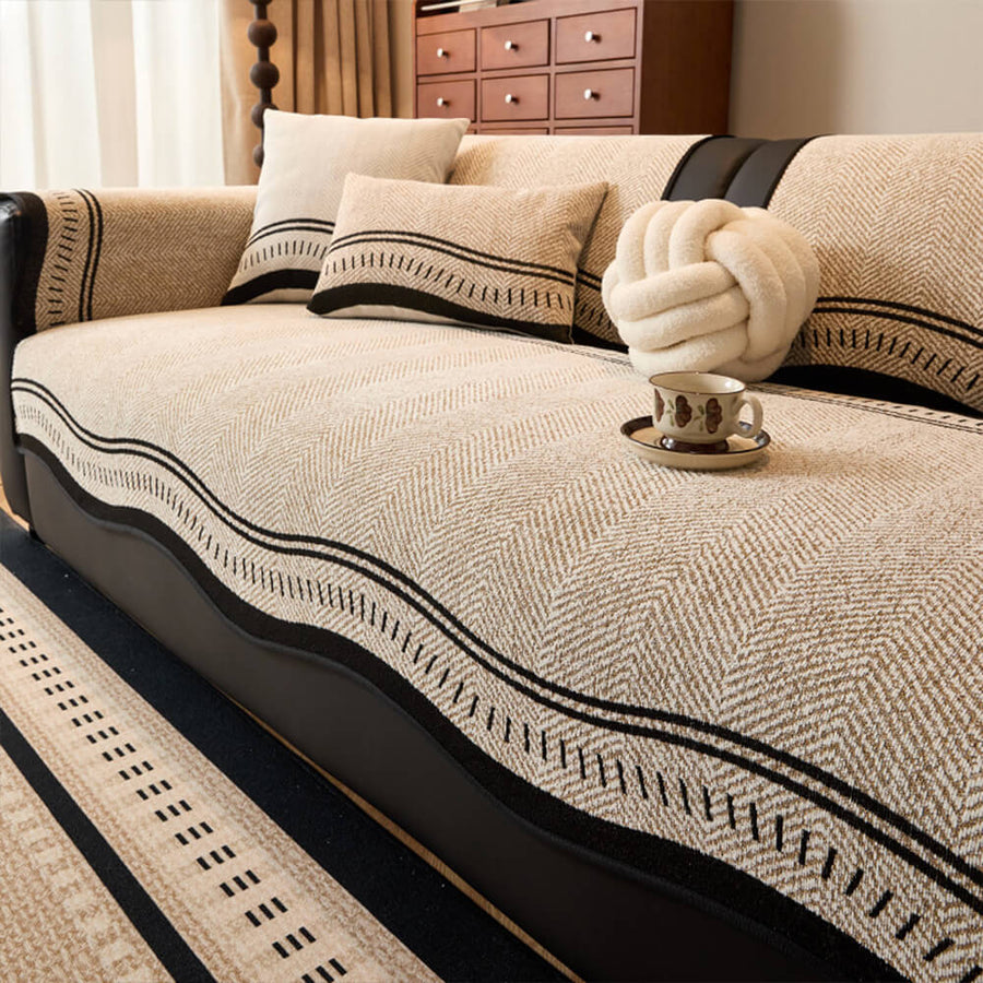 Non-Slip Herringbone Chenille Couch Cover with Wavy Edges - FUNNYFUZZY