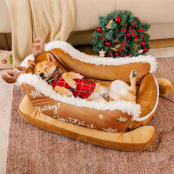 Festive Sleigh Dog Bed | Cozy & Plush Christmas Bed for Pets - FunnyFuzzy