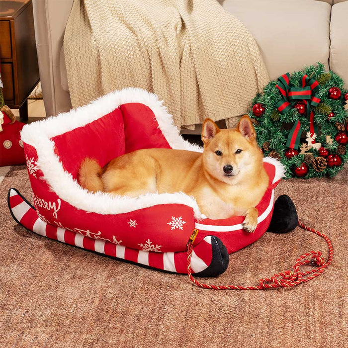 Festive Sleigh Dog Bed | Cozy & Plush Christmas Bed for Pets - FunnyFuzzy