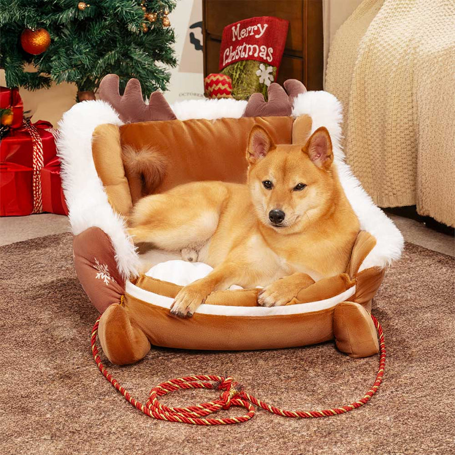 Festive Sleigh Dog Bed | Cozy & Plush Christmas Bed for Pets - FunnyFuzzy