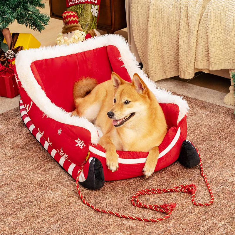 Festive Sleigh Dog Bed | Cozy & Plush Christmas Bed for Pets - FunnyFuzzy