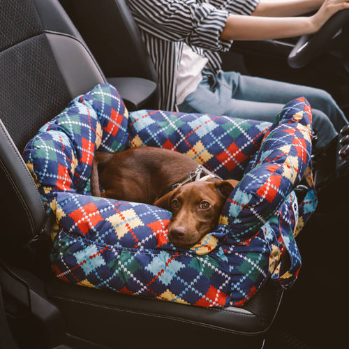 Travel Safety Bolster Vintage Denim Patchwork Dog Car Seat Bed - FunnyFuzzy