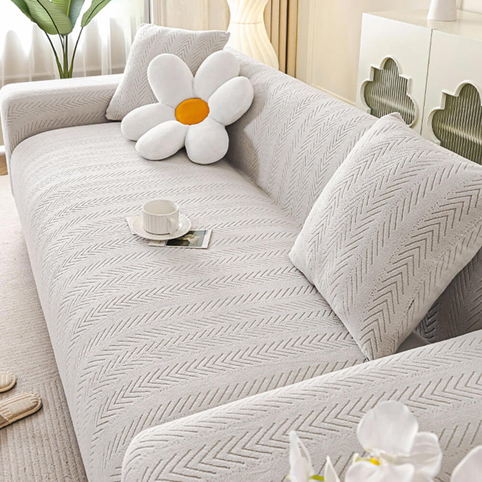 Elegant Herringbone Cream Aesthetic Stretch Magic Couch Cover - FUNNYFUZZY