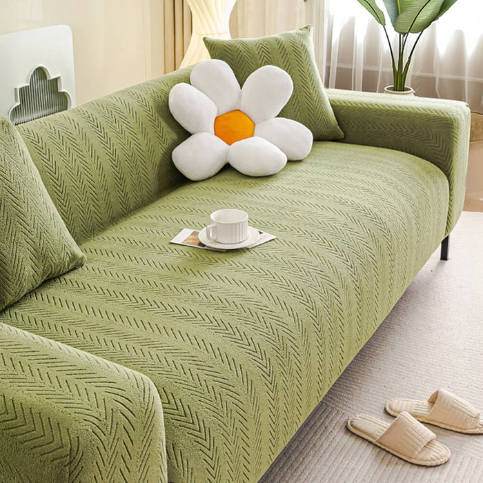 Elegant Herringbone Cream Aesthetic Stretch Magic Couch Cover - FUNNYFUZZY