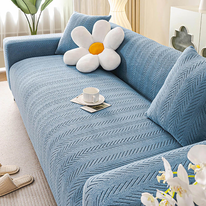 Elegant Herringbone Cream Aesthetic Stretch Magic Couch Cover - FUNNYFUZZY