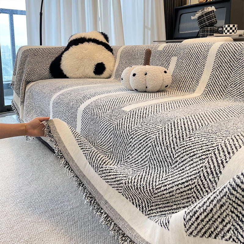 Herringbone Pattern Fringed Chenille Throw Couch Cover - FUNNYFUZZY
