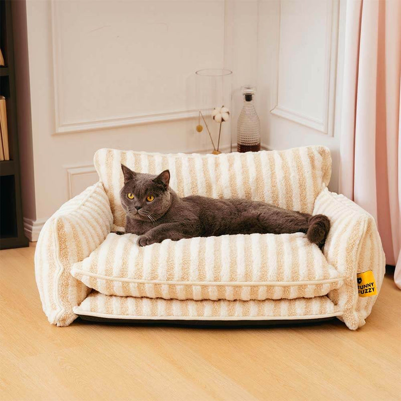Trendy Striped Faux Lambswool Double Layer Cat Couch Sofa Bed - FunnyFuzzy