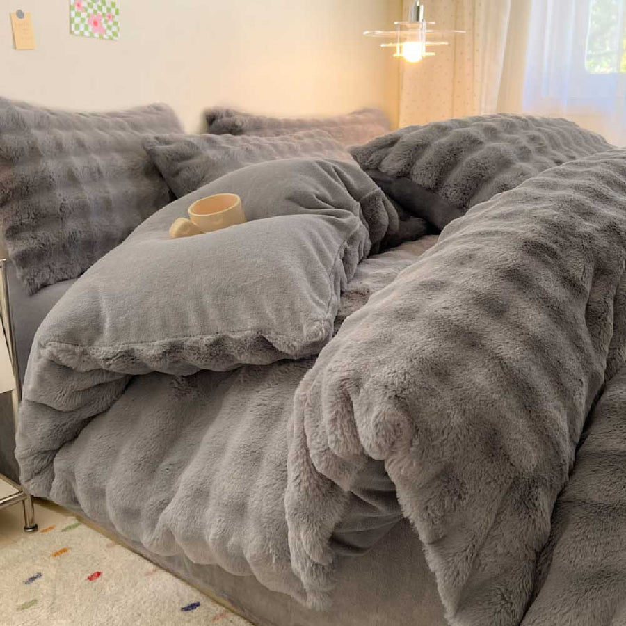 Puffy Comfort Thickened Faux Rabbit Fur Bed Sheet Set - FunnyFuzzy