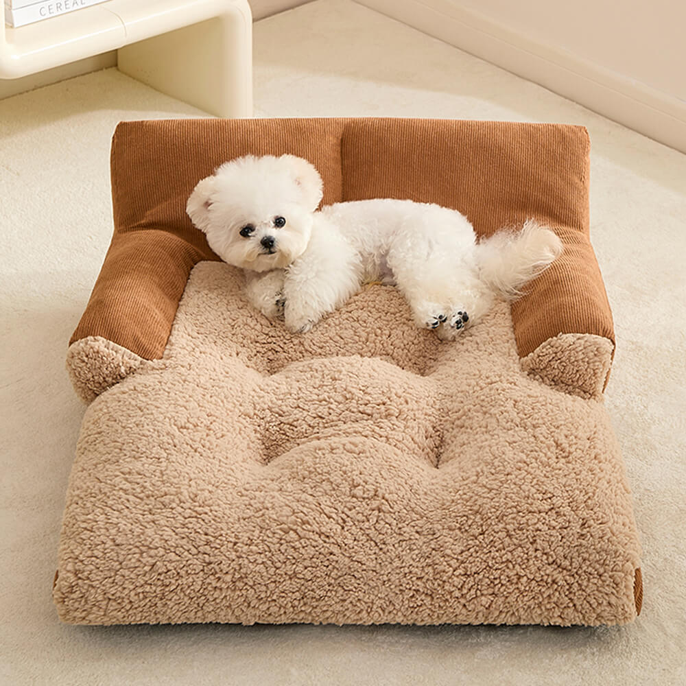 Spacious Warm Corduroy Raised Backrest Dog & Cat Sofa Bed - FUNNYFUZZY
