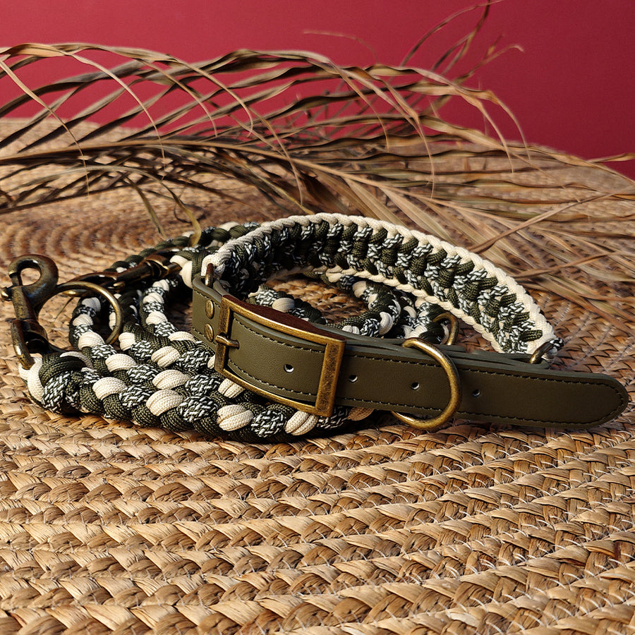 Hand-Woven Leather Multifunctional Anti-Pull Dog Collar and Leash Set ...