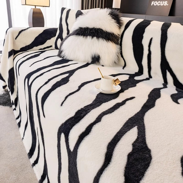 Luxurious Zebra-Print Fluffy Plush Sofa Protector Stylish Couch Cover ...