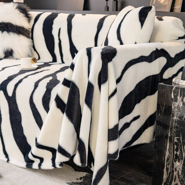 Luxurious Zebra-Print Fluffy Plush Sofa Protector Stylish Couch Cover ...