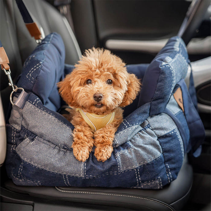 Travel Safety Bolster Vintage Denim Patchwork Dog Car Seat Bed - FunnyFuzzy