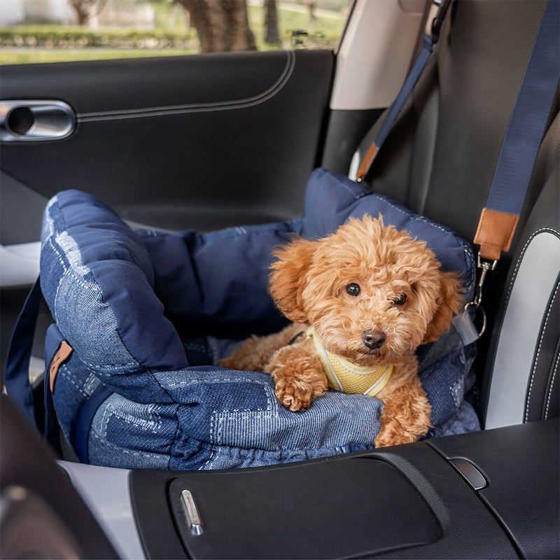 Travel Safety Bolster Vintage Denim Patchwork Dog Car Seat Bed - FunnyFuzzy
