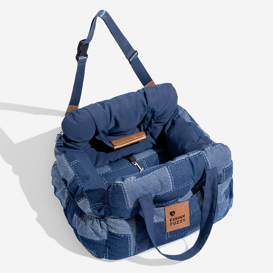 Travel Safety Bolster Vintage Denim Patchwork Dog Car Seat Bed - FunnyFuzzy