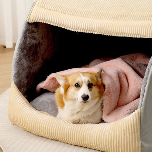 Flannel Semi-Enclosed Large Dog Tent Bed | Cozy and Detachable