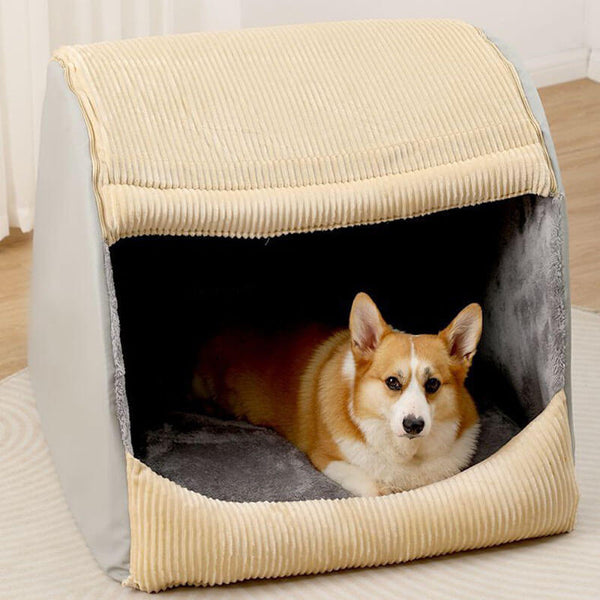 Flannel Semi-Enclosed Large Dog Tent Bed | Cozy and Detachable