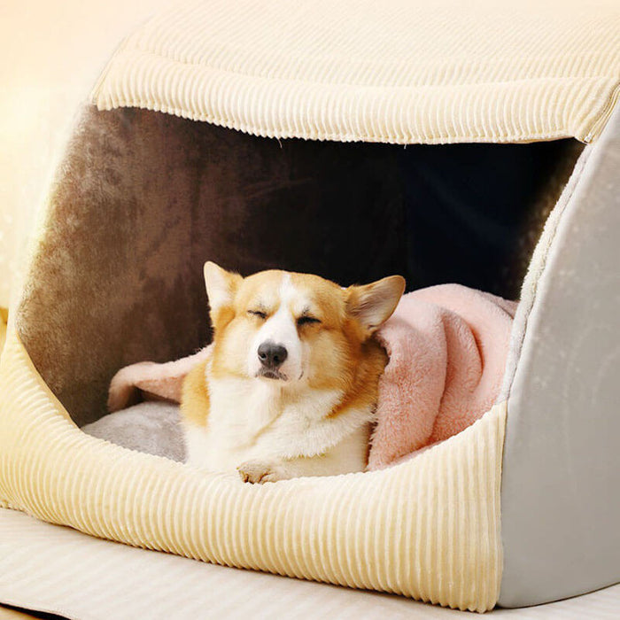 Flannel Semi-Enclosed Large Dog Tent Bed | Cozy and Detachable