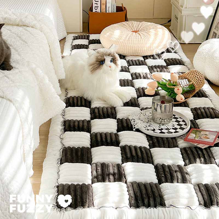 Cream-colored Large Plaid Square Fuzzy Pet Mat Bed | FunnyFuzzy