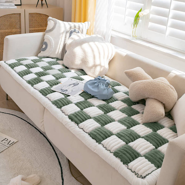 Cream-colored Large Plaid Square Fuzzy Pet Mat Bed | FunnyFuzzy